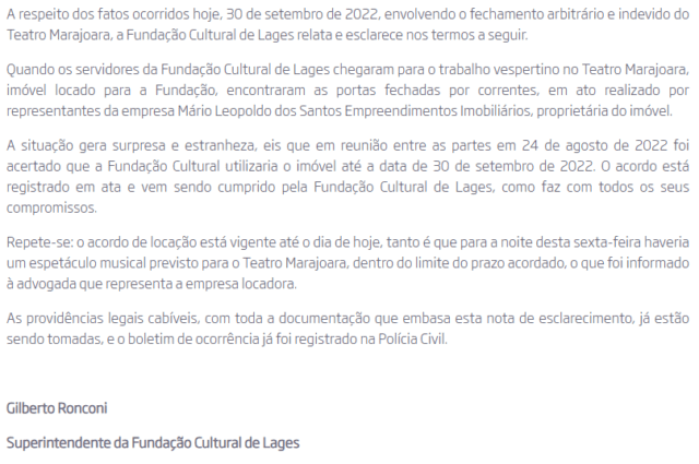 Maior teatro de Lages tem portas fechadas nesta sexta-feira (30)